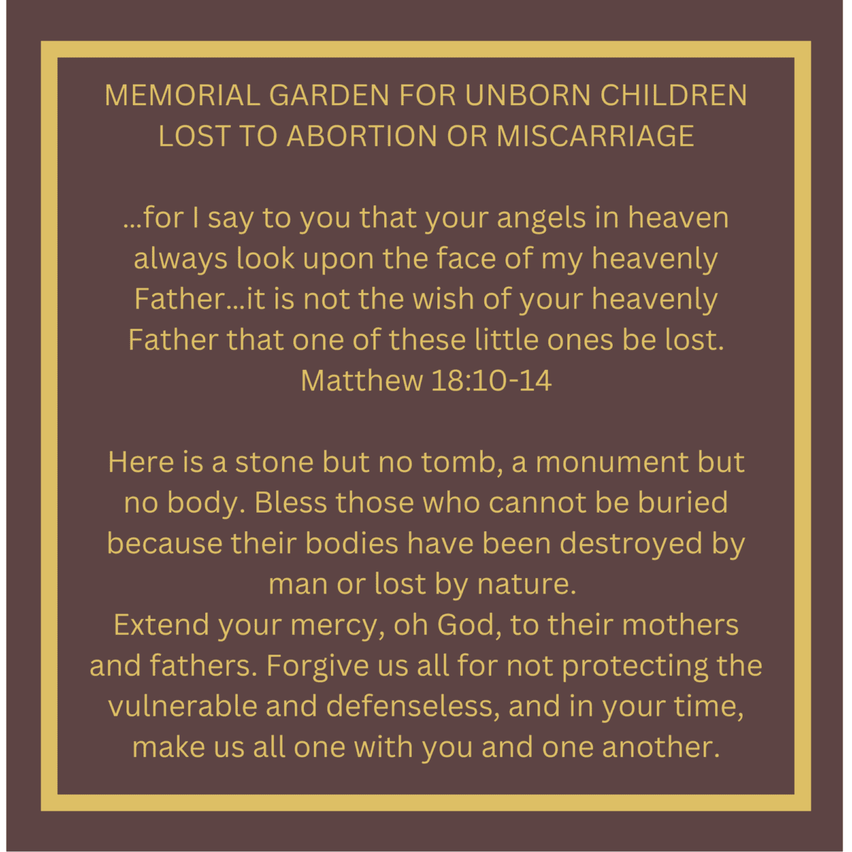 Memorial Garden for the Unborn at Our Lady of Joy - Save the Storks